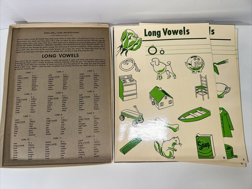 Vintage Retro Wipe-Off Cards Long Vowels Set Of 12 Plastic Coated Trend ...