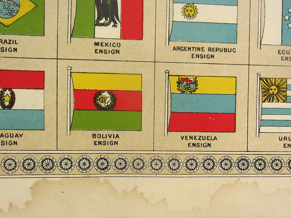 1912 LARGE ANTIQUE PRINT ~ FLAGS OFALL NATIONS ~ BRITISH ROYAL EGYPT ...