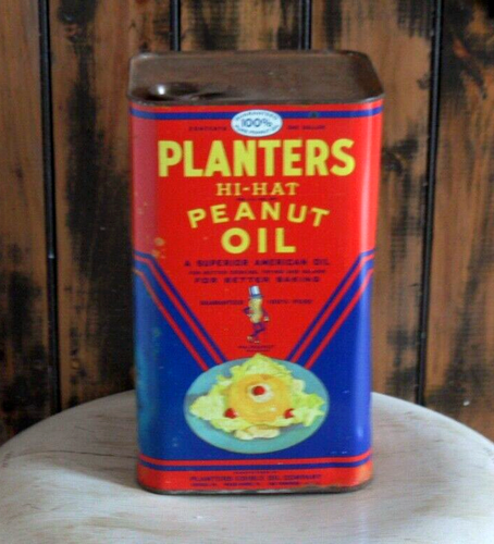 orig. 1940's PLANTERS HI-HAT PEANUT OIL Lg. One Gallon **FULL TIN** Mr ...