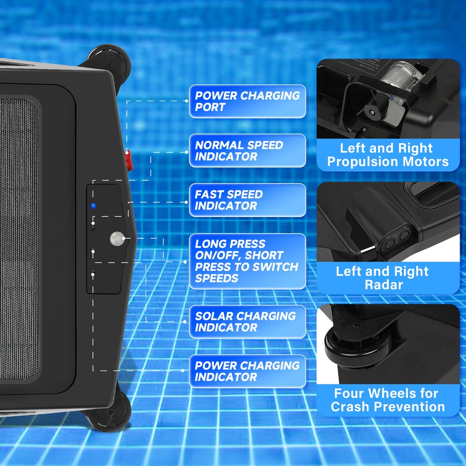 Cordless Pool Skimmer Automatic Solar Powered Pool Surface Cleaner ...