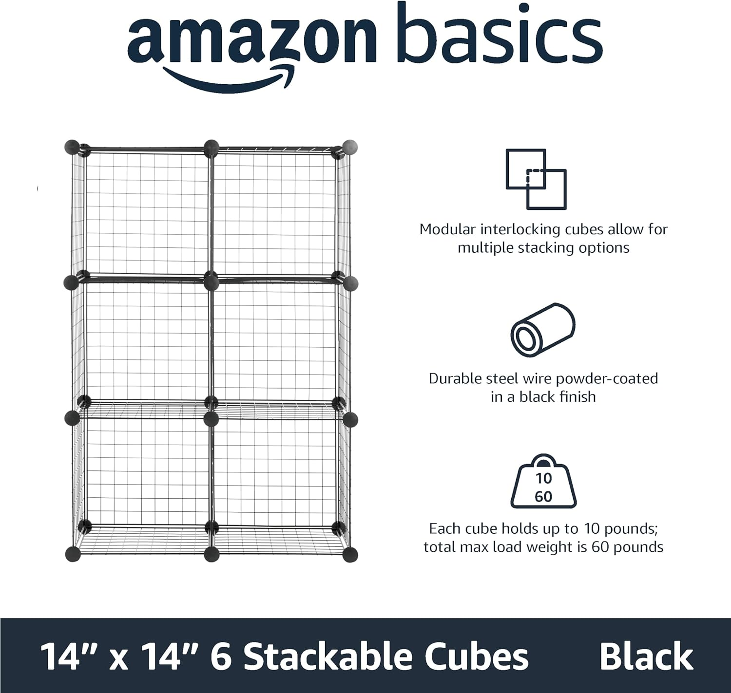 Basics 6 Storage Shelves with 6 Cube Wire Grid, Stackable Cubes, Black ...