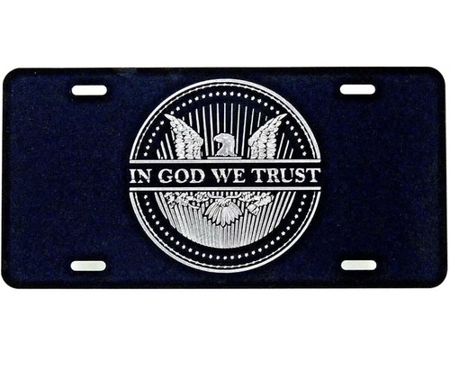 IN GOD WE TRUST logo Car Tag Diamond Etched on Black Aluminum License ...