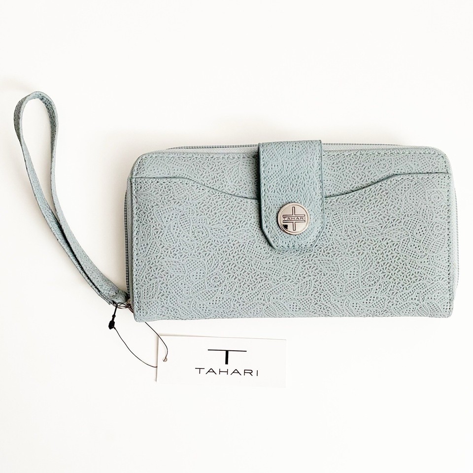 Tahari Wallet Clutch Wristlet RFID Blue Floral Perforated Zip Snap ...