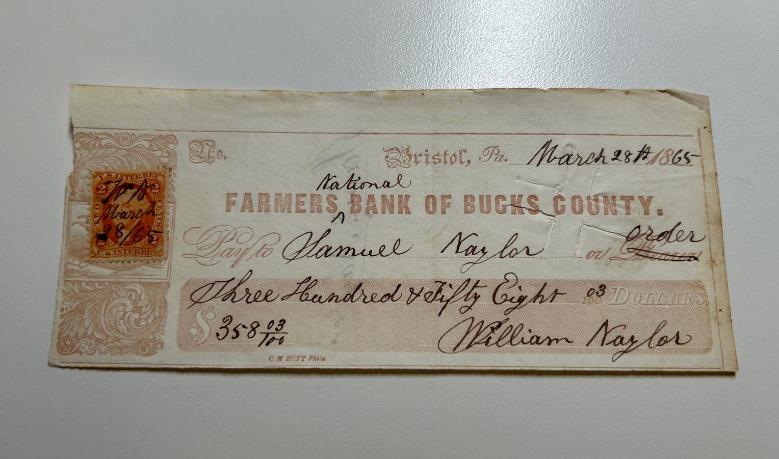 R15c - Farmers National Bank of Bucks Co - Bank Check - Bristol PA ...