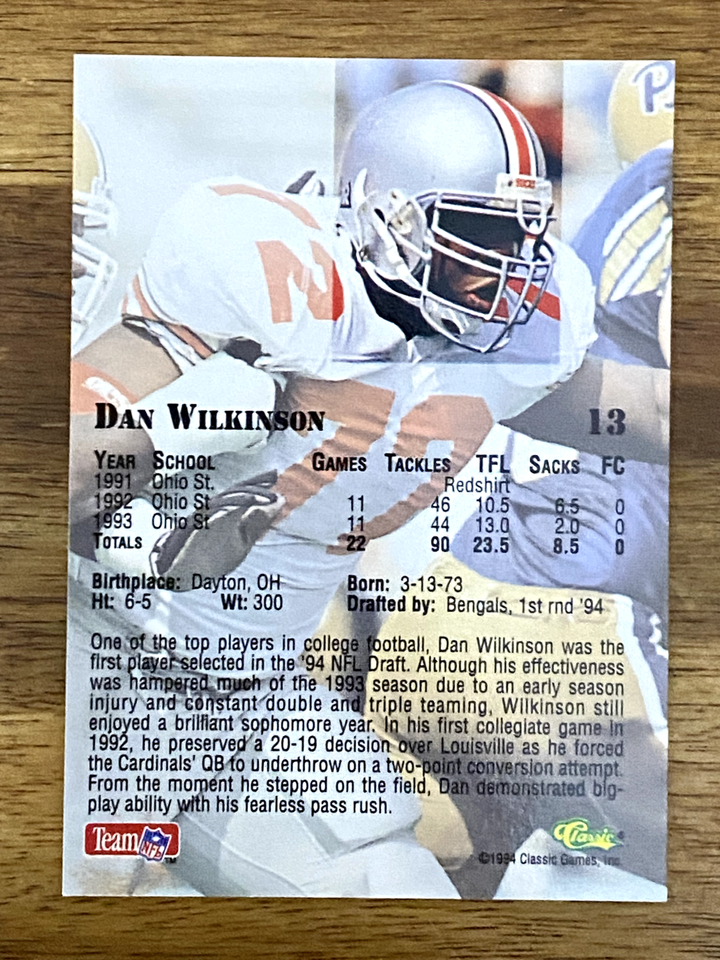 1994 Classic NFL Draft Gold Dan Wilkinson #13 Rookie RC BENGALS | eBay