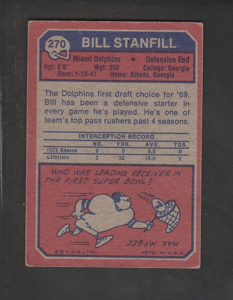 1973 Topps #270 Bill Stanfill FAIR RC Rookie Dolphins 156086 | eBay