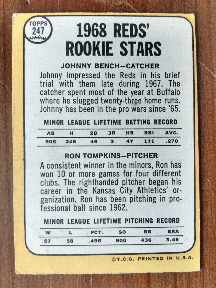 1968 Topps Rookie Stars Johnny Bench / Ron Tompkins #247 Cincinnati ...