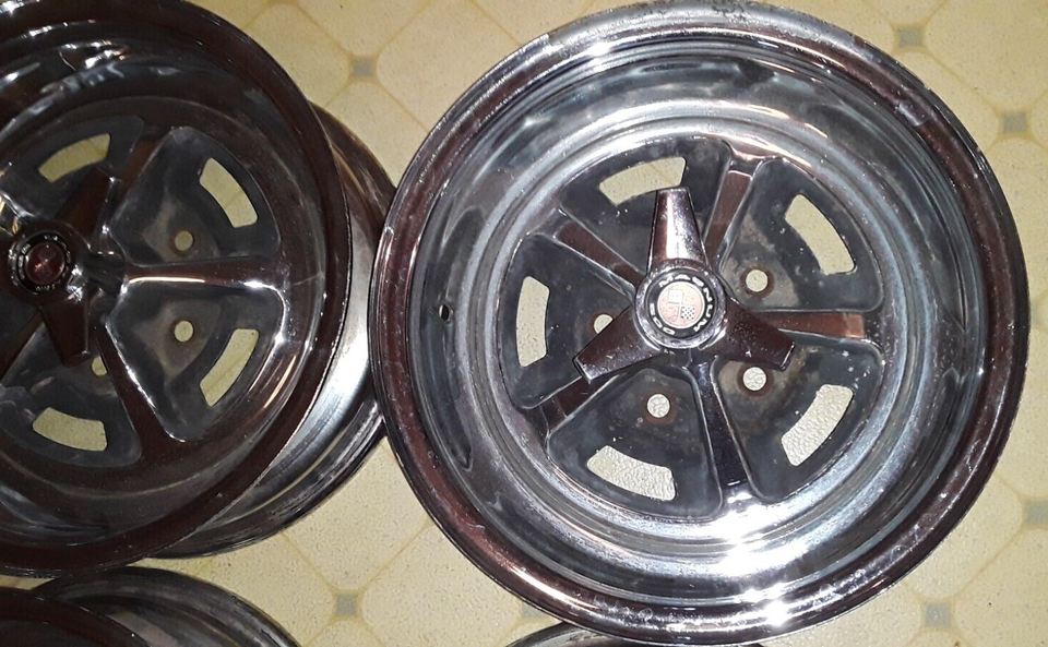 Vintage Magnum 500 Chrome Mag Wheels w Tri-Bar Spinners 15"x6" GM Bolt ...