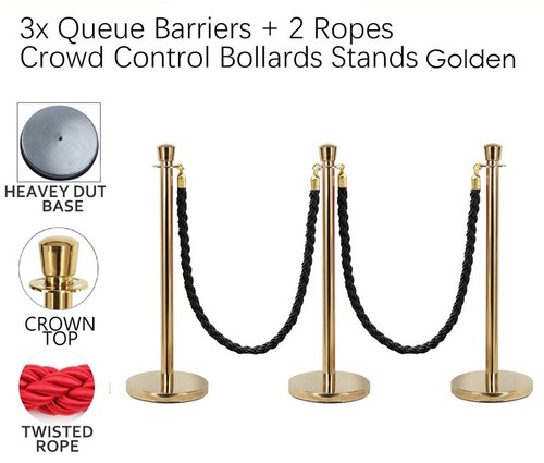 3x Queue Barriers + 2 Ropes Crowd Control Bollards Stanchion (GOLD ...