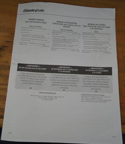 Sentry Safe Owner's Manual Gun and Executive Safes | eBay