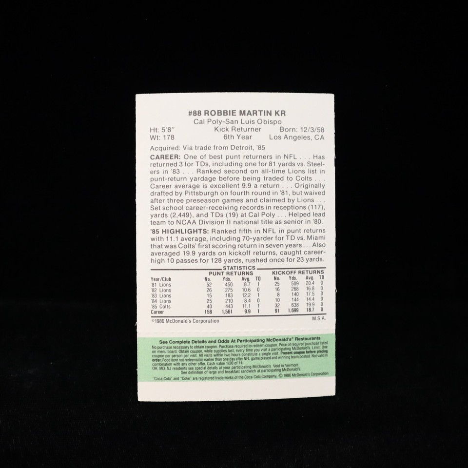 1986 Robbie Martin Indianapolis Colts McDonald's "GREEN" Game Card #88 ...