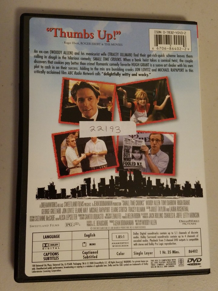 Small Time Crooks (DVD, 2000) Woody Allen, Hugh Grant, Jon Lovitz ...