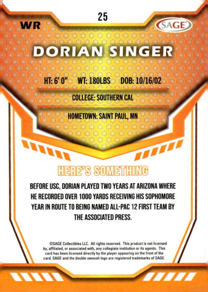 DORIAN SINGER RC 2024 SAGE Hit Low Series #25 ROOKIE NCAA NFL ID:94734 ...