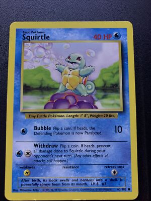 Squirtle 63/102 Common - Shadowless Base Set - WOTC Pokemon Card NM | eBay