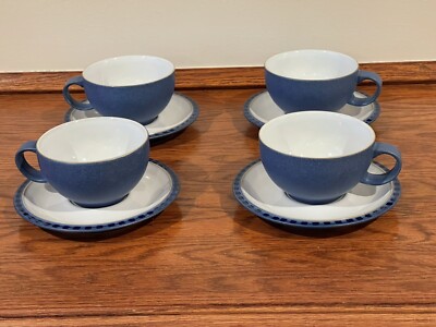 DENBY REFLEX Blue & White Checkered Rim FOUR (4) Cups & Saucers Sets ...