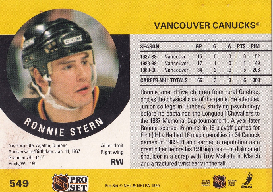 1990 Pro Set #549 Ronnie Stern NHL Vancouver Canucks + Yes 4 Free ...