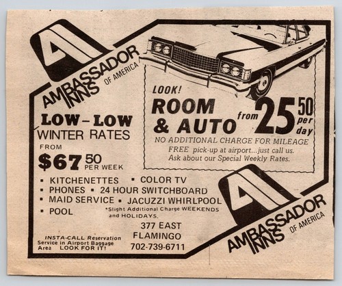 Las Vegas NV Ambassador Inns Hotel Motel Ad 1975 Print Advertisement | eBay