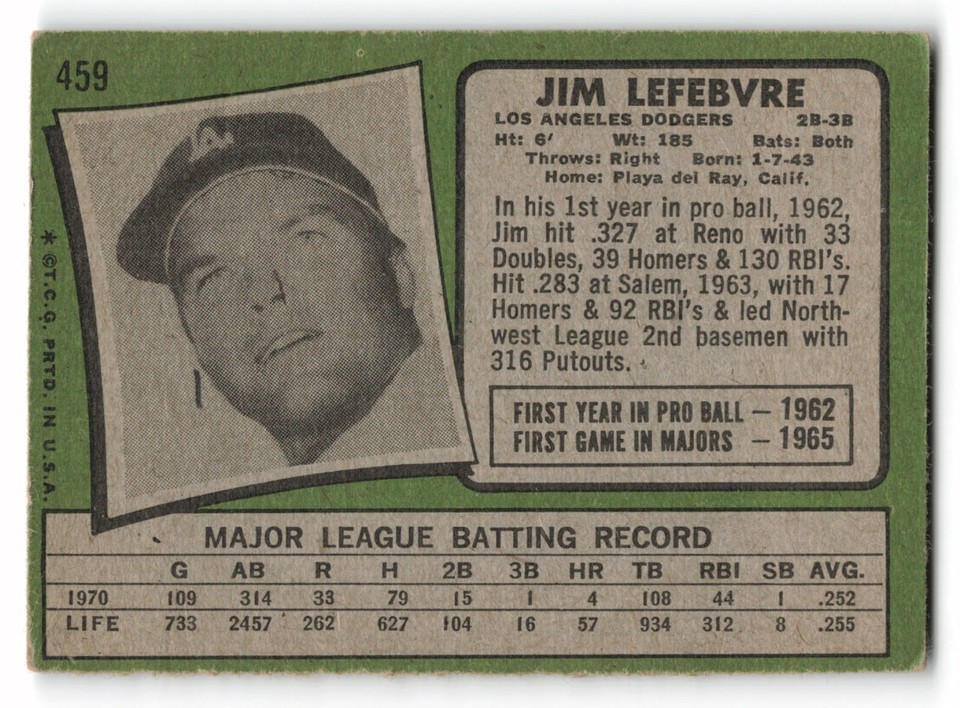 1971 Topps #459 JIM LEFEBVRE Los Angeles Dodgers NICE CARD !!! | eBay
