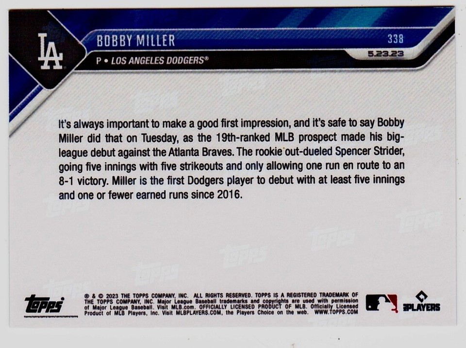 Bobby Miller Rookie Card MLB Debut 2023 Topps Now #338, PR: 2741 LA ...
