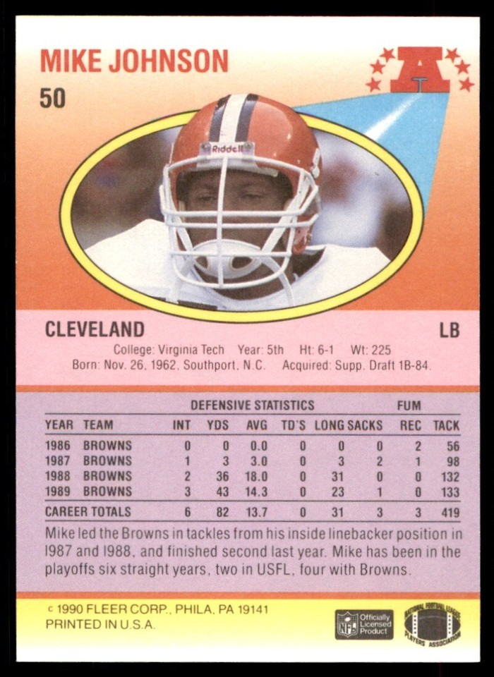 1990 Fleer Mike Johnson Cleveland Browns #50 | eBay