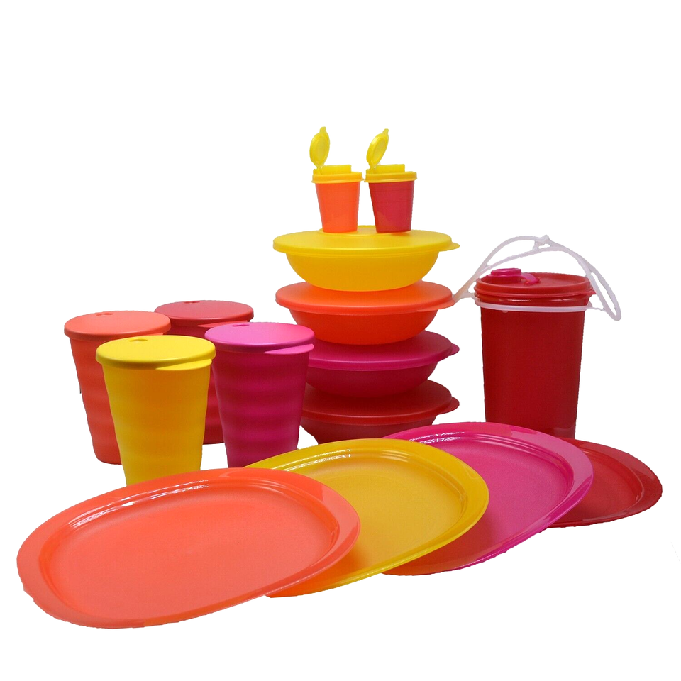 Tupperware Neon Picnic Set Plates Tumblers Bowls Pitcher Salt Pepper 15 ...