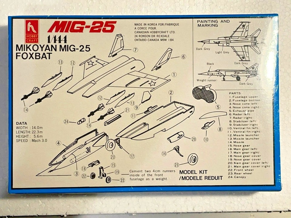 RUSSIAN MIG-25 PLASTIC MODEL KIT FOXBAT JET FIGHTER 1/144 Hobby Craft ...