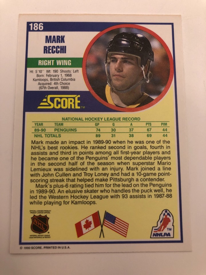 1990-91 Score #186 Mark Recchi Rookie Card | eBay
