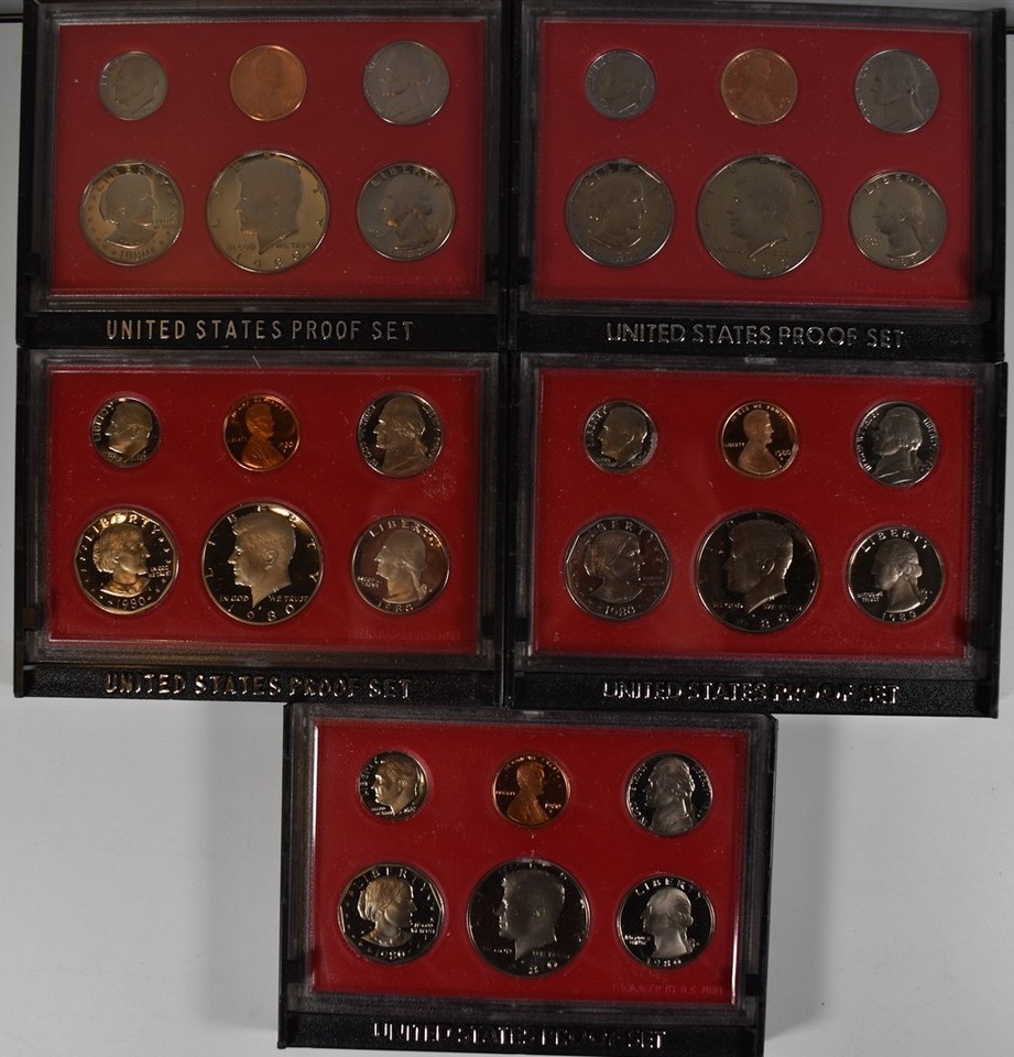 10 UNITED STATES PROOF SETS INCL 5) 1980 & 5) 1982 PROOF SETS IN ORIG ...