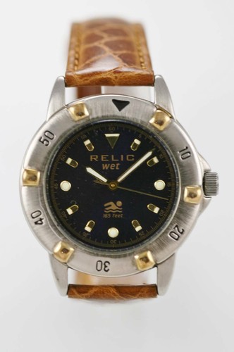 Relic Mens Watch Blue Stainless Silver Gold Steel 50m Brown Leather ...