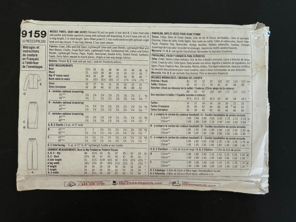 9159 Simplicity Relaxed Pull On Pants Skirt Semi Fitted Jacket Size 10 12 14 16 | eBay