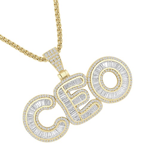 Baguette 14K Gold Finish Simulated Diamond CEO Boss Custom Charm ...