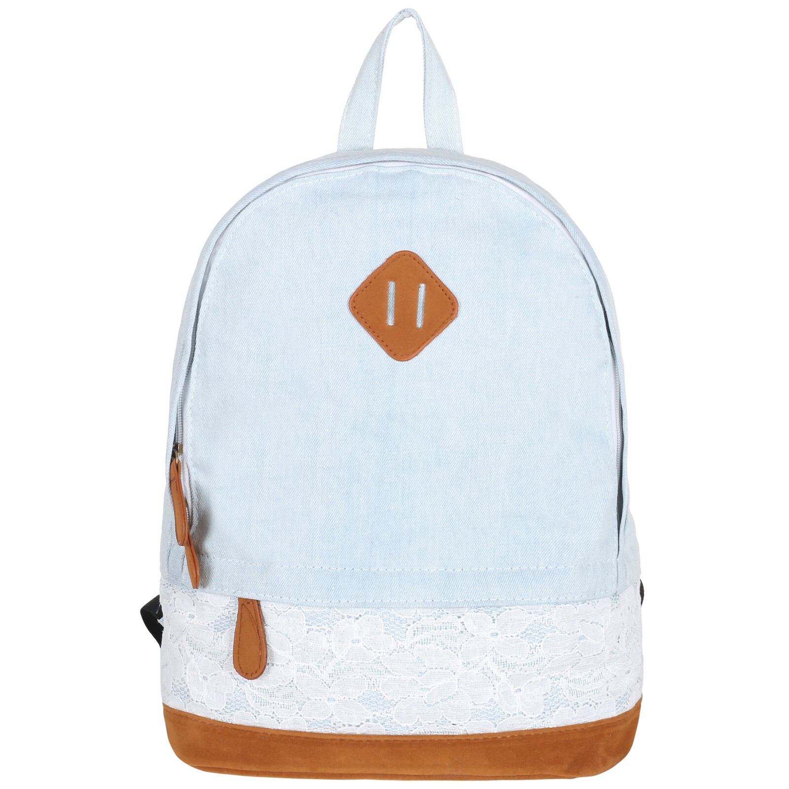 Modern 14-Inch Blue Denim Backpack with Lace Overlay and Faux Suede ...