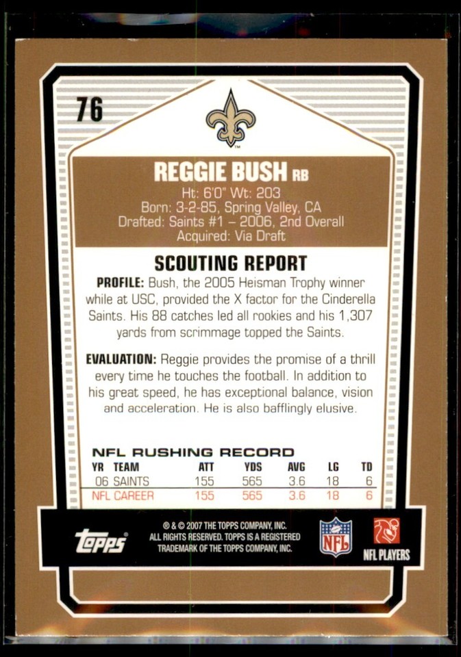 2007 Topps Draft Picks & Prospects Reggie Bush New Orleans Saints #76 ...