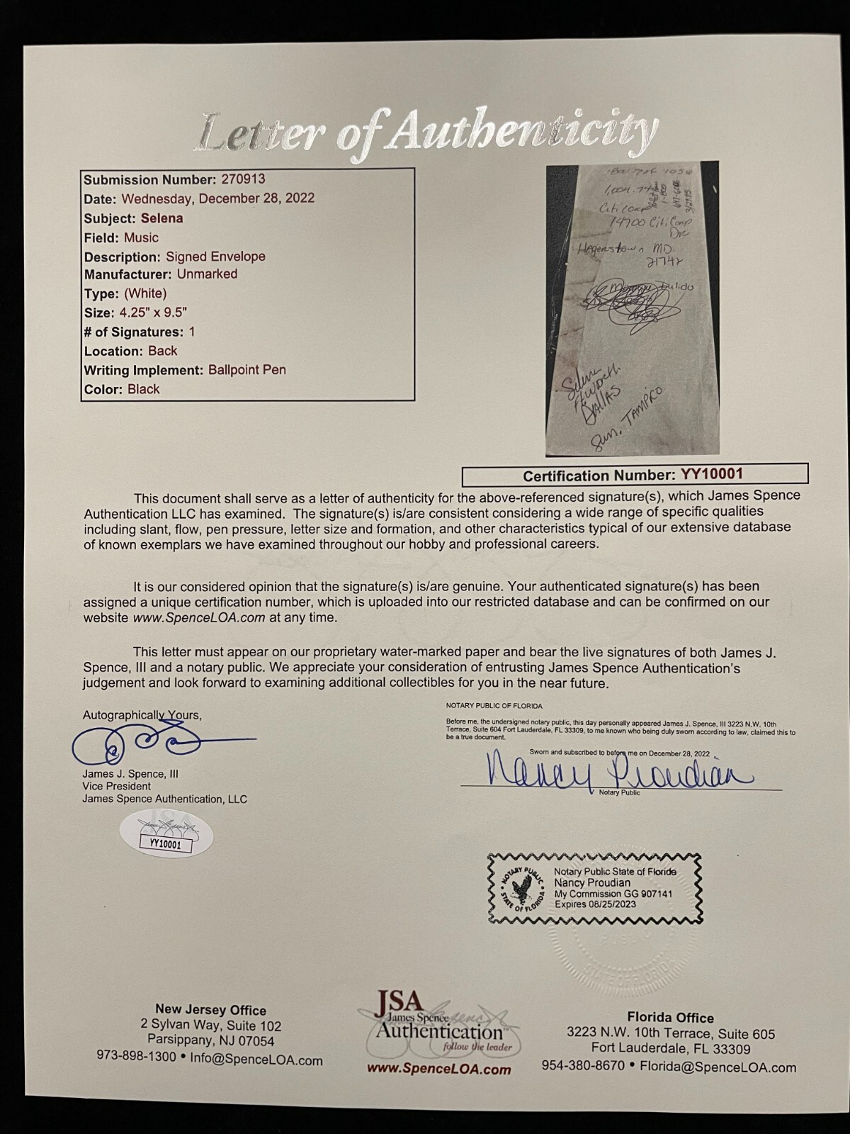 Selena Quintanilla & Chris Perez Signed Autographed Envelope JSA LOA