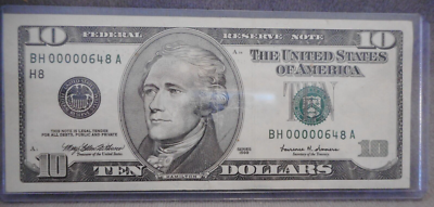$10 Dollar Bill 1999 Low Serial BH 00000648 A | eBay