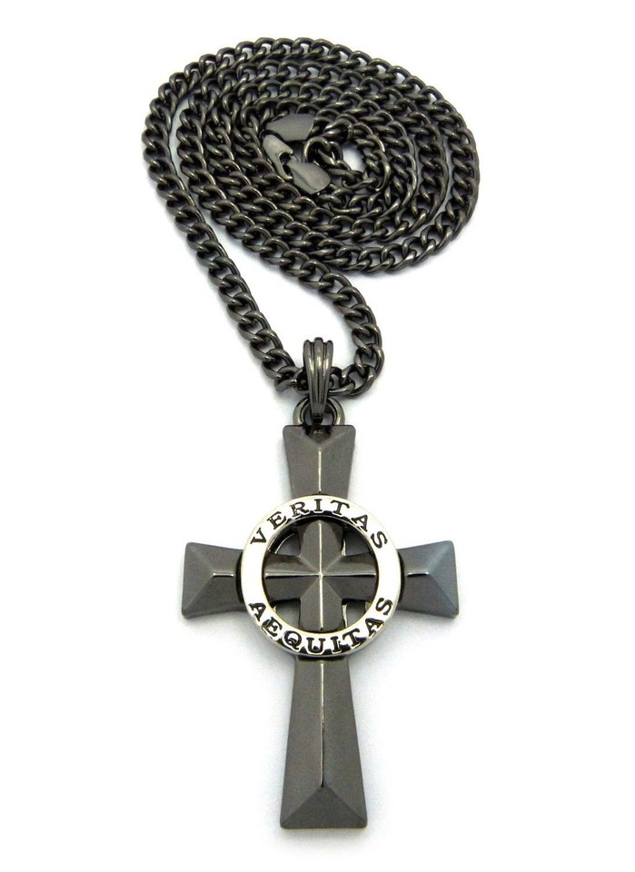 MENS VERITAS AEQUITAS CROSS BOONDOCK SAINTS PENDANT CHARM CUBAN CHAIN ...