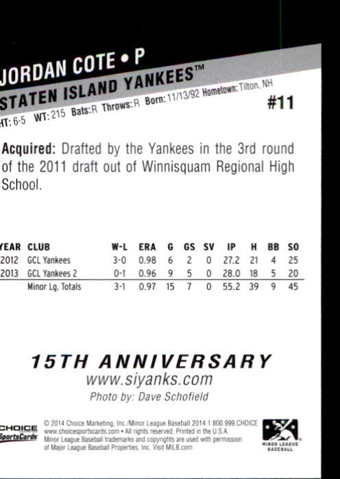 2014 Staten Island Yankees Choice #11 Jordan Cote Tilton New Hampshire ...