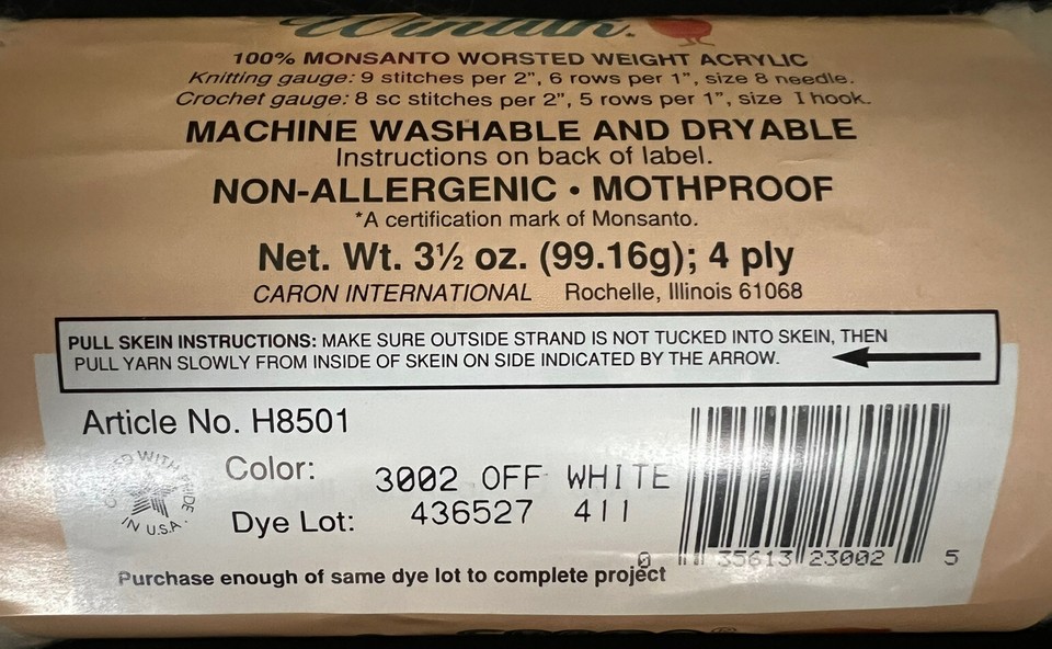 Vintage Caron Wintuk Yarn Off White Color #3002 Dye Lot #436527 | eBay
