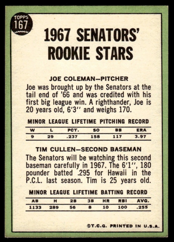 1967 Topps Joe Coleman/Tim Cullen RC Washington Senators #167 * | eBay