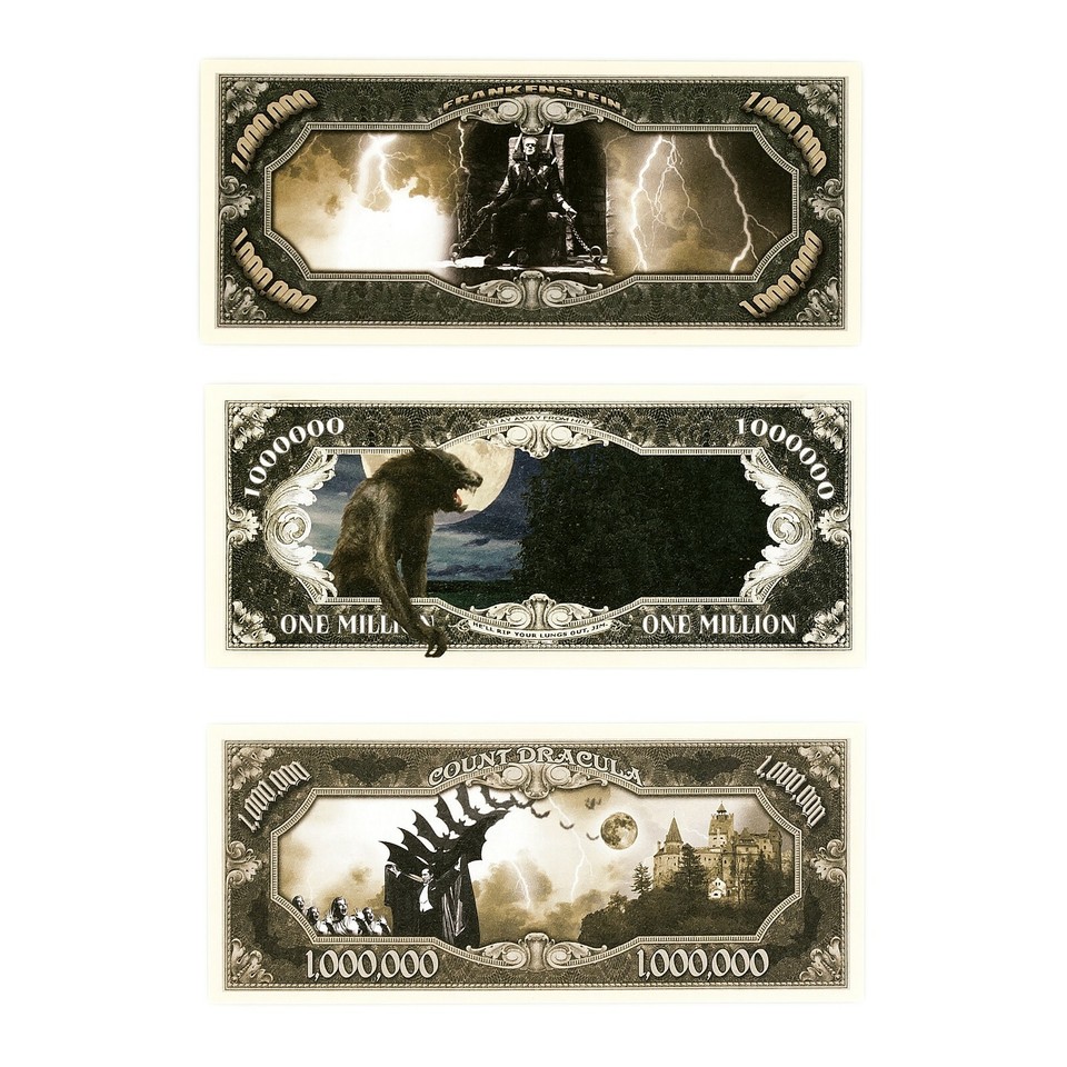 Set of 3 diff. Dracula, Frankenstein and Werewolf fantasy paper money ...
