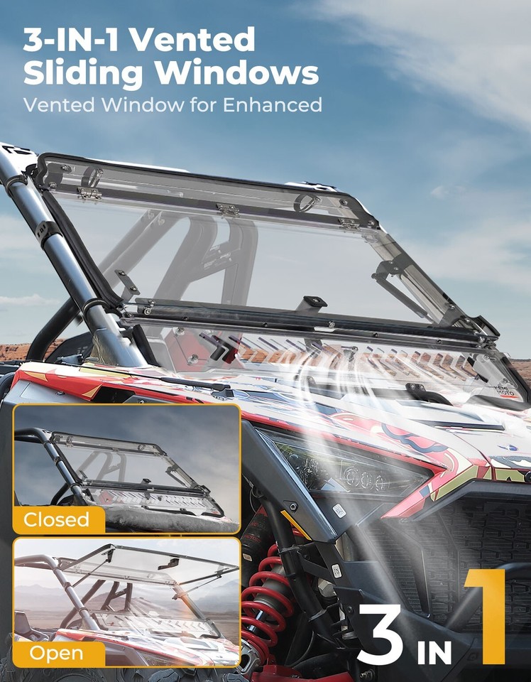 3-IN-1 Fold Split Flip Up Front Windshield for Polaris RZR PRO XP 2/4 ...