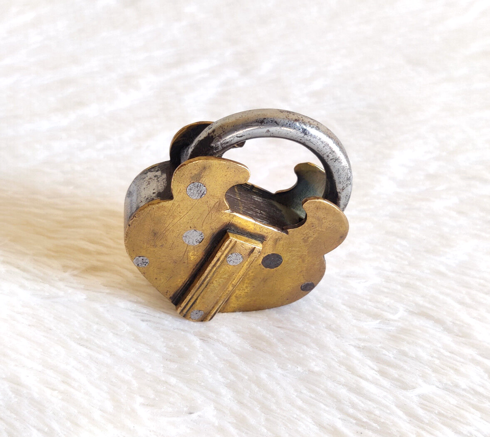 19c Vintage Handmade Unique Shape Hidden Key Hole Brass Tricky Padlock ...