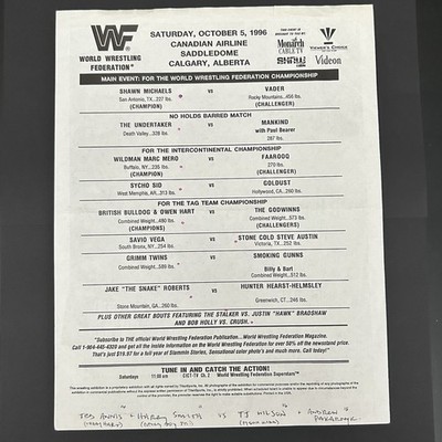 Original WWF Match Card Program Sheet 10/5/1996 Calgary Saddledome ...