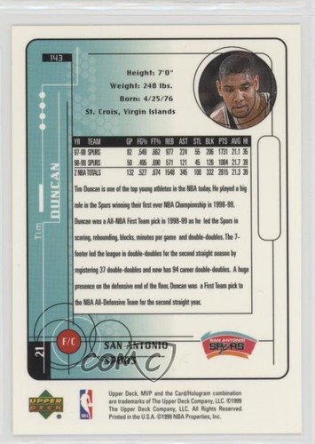 1999-00 Upper Deck MVP Tim Duncan #143 HOF | eBay