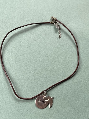 Baroni Designs Signed Brown Leather Cord w Silvertone Peace Disk & Dove ...
