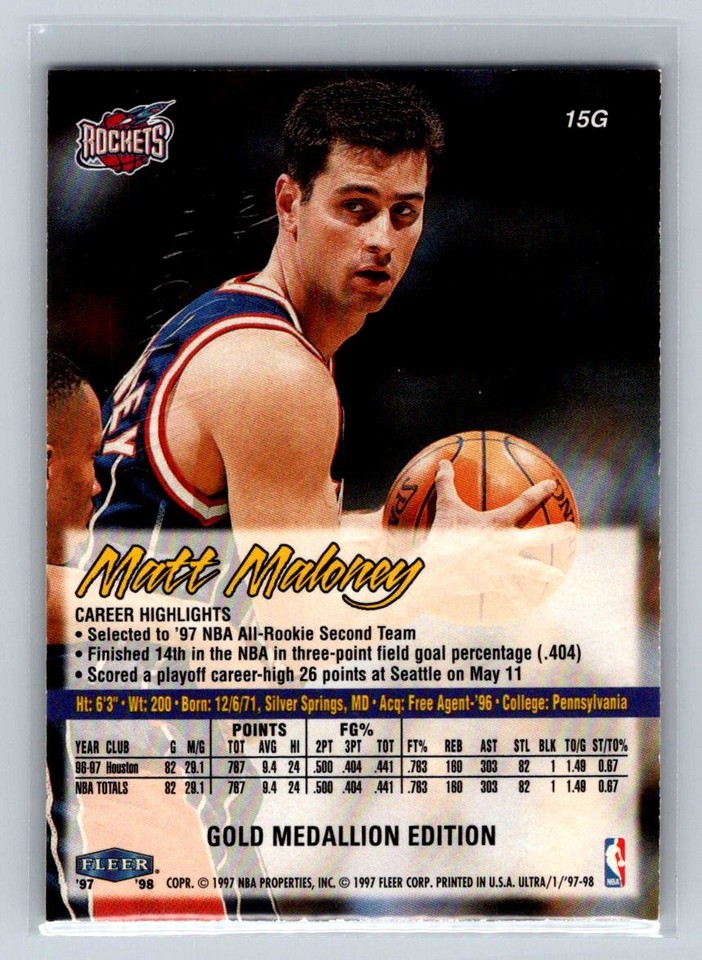 1997 Fleer Ultra Gold Medallion Matt Maloney #15G Houston Rockets | eBay
