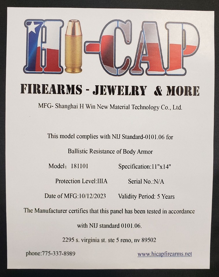 HI-CAP FIREARMS 11”x14” LEVEL IIIA 3A SOFT BALLISTIC PLATE SAPI CUT ...