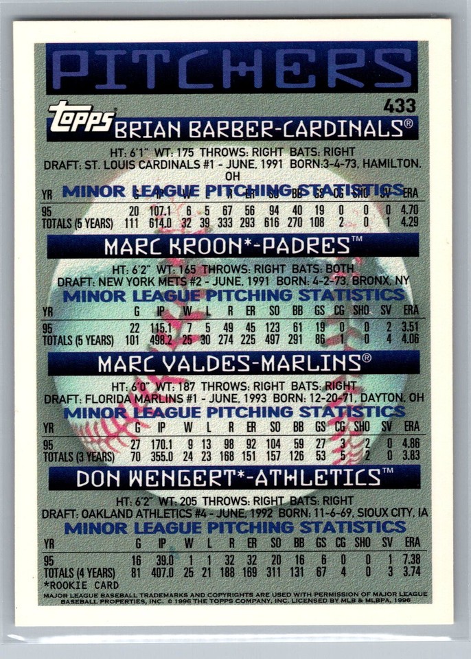 Brian Barber/Marc Kroon/Marc Valdes/Don Wengert 1996 Topps Prospects ...