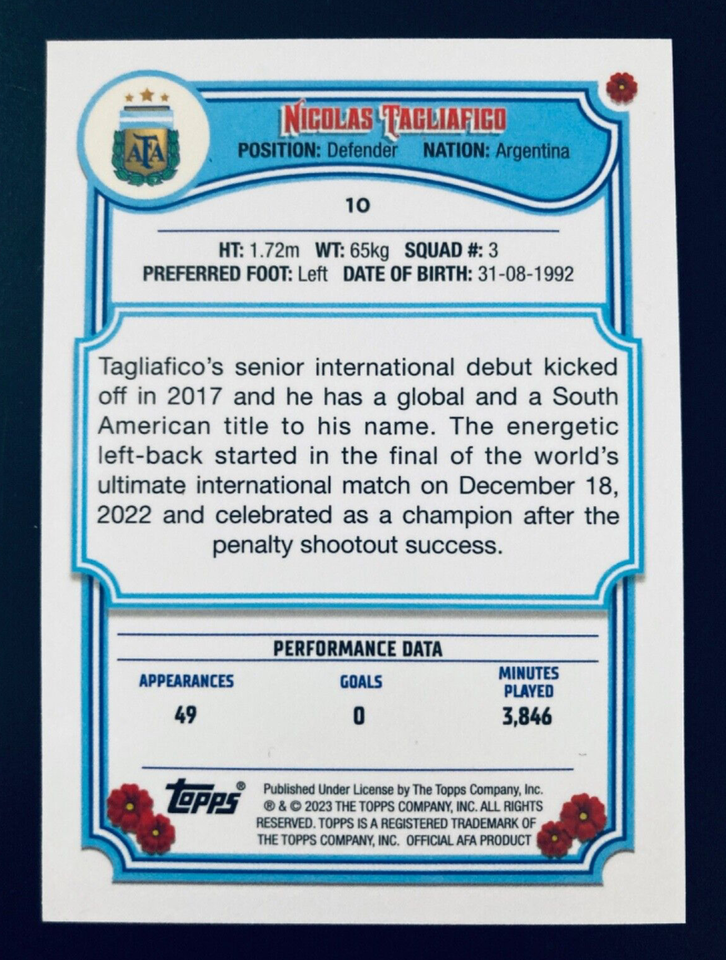 2022-23 Topps Fileteado Argentina # 10 Nicolas Tagliafico World Cup ...