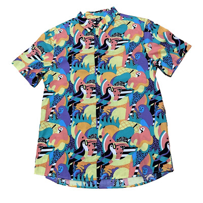 Neff Shirt Men L Black Orange Hawaiian Tropical Print Cotton Classic ...